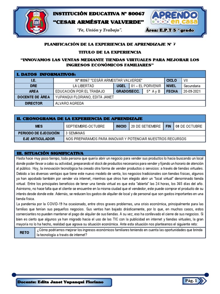 Planificador Experiencia #7 - Ept 5 | PDF | Aprendizaje | Evaluación