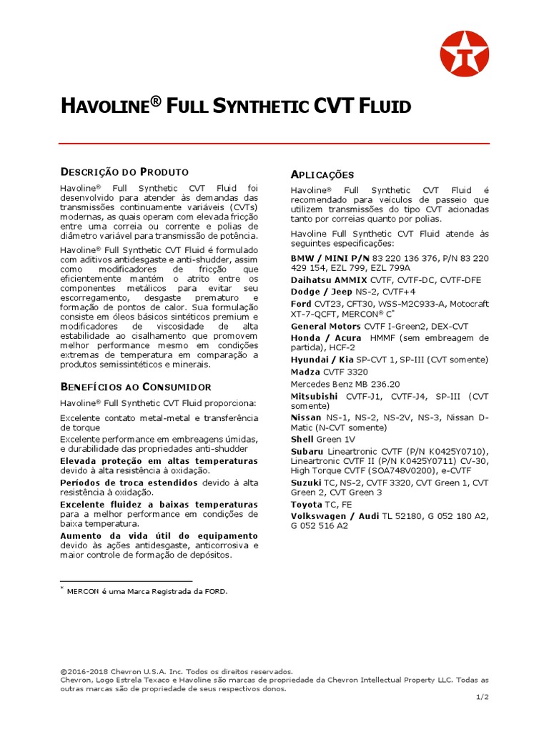 Havoline Full Synthetic CVT Fluid 02jul2020 PT | PDF | Veículos ...