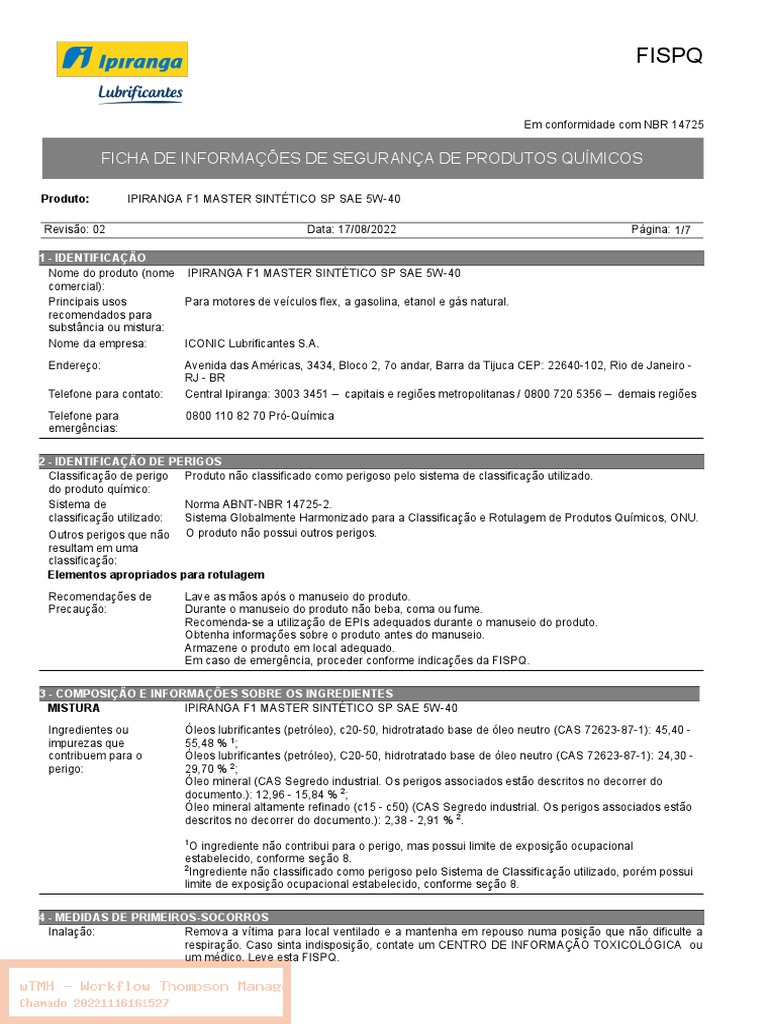Fispq Ipiranga f1 Master Sintetico SP 5w 40 3124 - 970 | PDF | Química ...