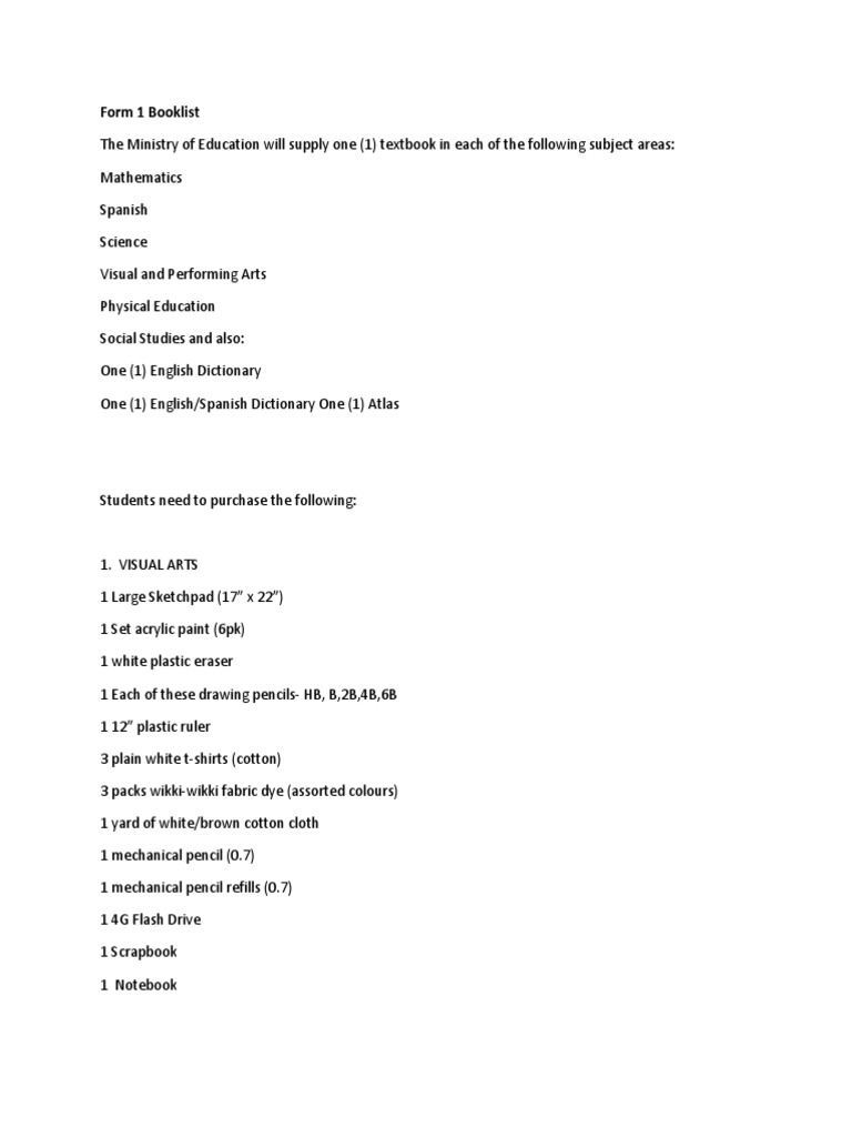 Form 1 Booklist | PDF | Books | Pencil