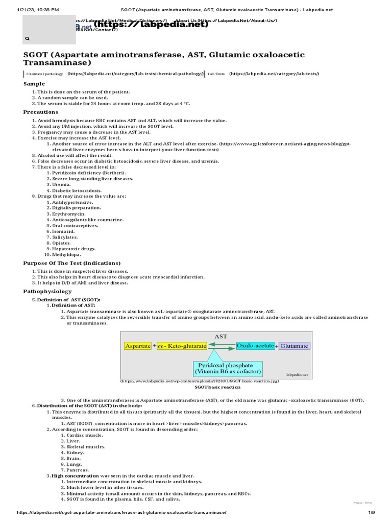 SGOT (Aspartate Aminotransferase, AST, Glutamic Oxaloacetic Transaminase) | PDF | Alanine ...