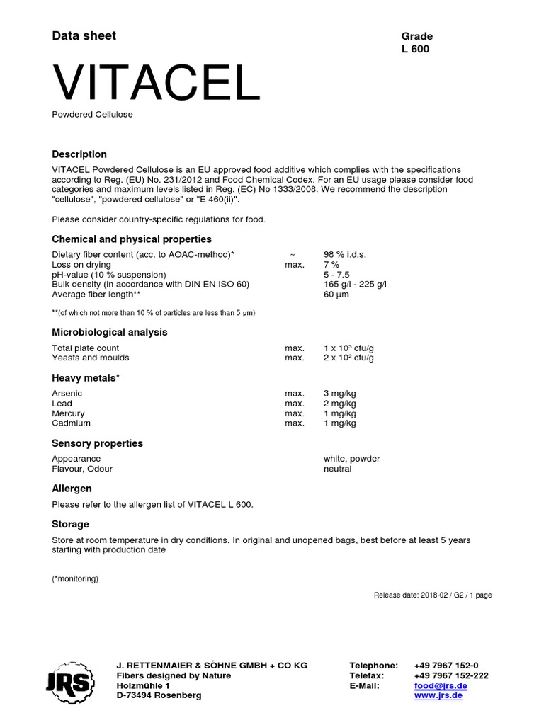 Food TDS Vitacel L 600 | PDF | Physical Sciences | Chemical Substances