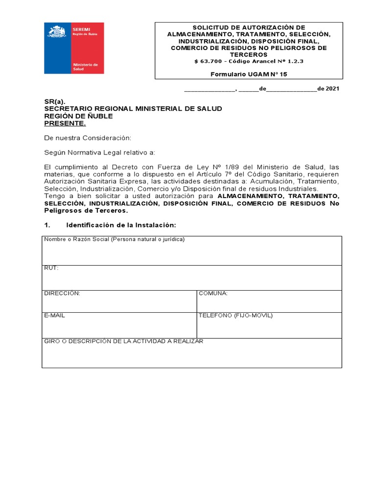 Formulario UGAM #15 Almacenamiento Tratamiento Disposición Final No ...