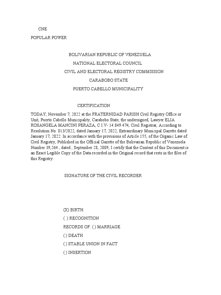 Certification of Civil Registry Record | PDF | Law