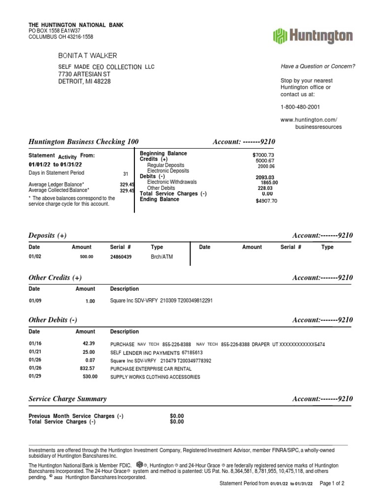 Huntington Business Checking Statement | PDF | Debits And Credits ...