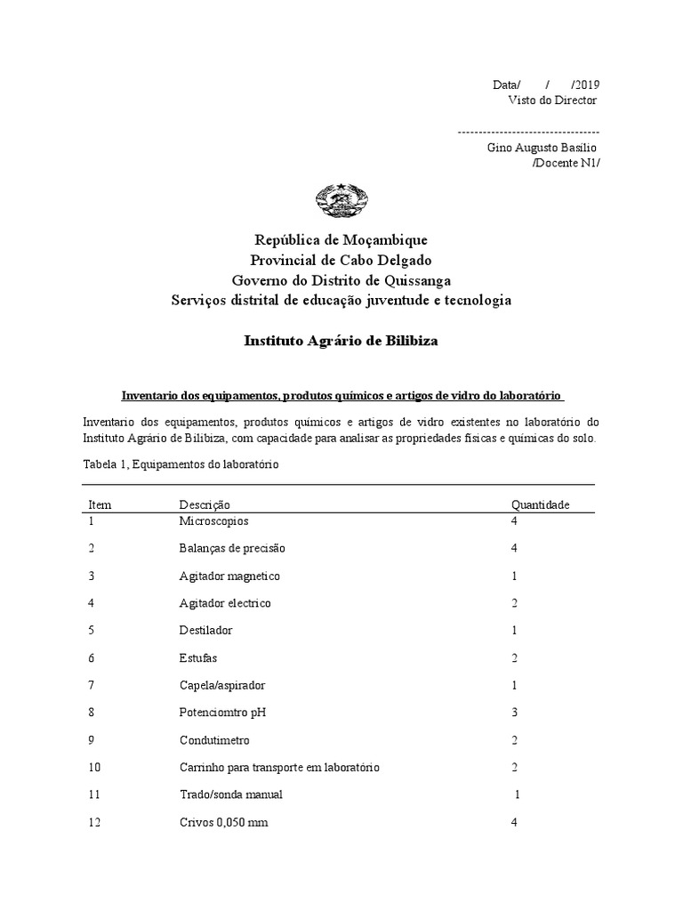 Inventário do Laboratório em Bilibiza | PDF | Química | Laboratórios