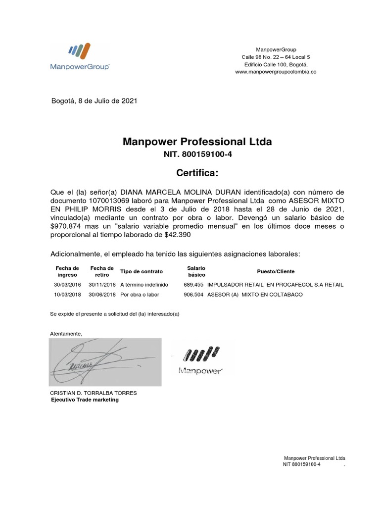 Certificado Laboral Manpower | PDF