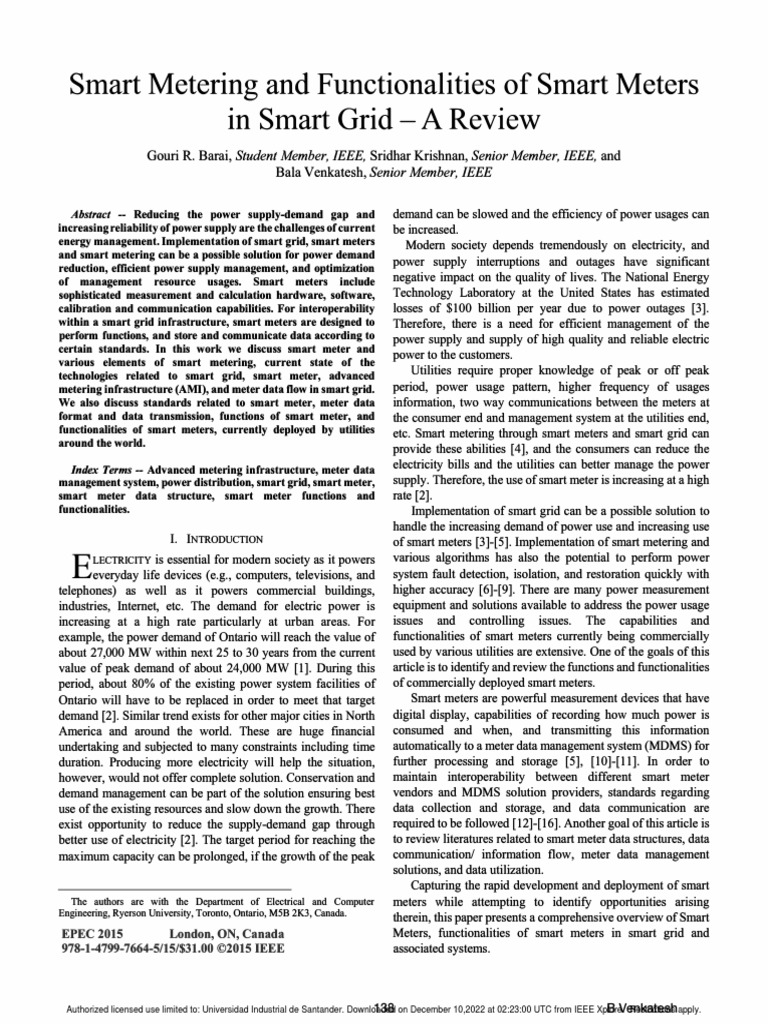 Smart Metering and Functionalities of Smart Meters in Smart Grid - A ...