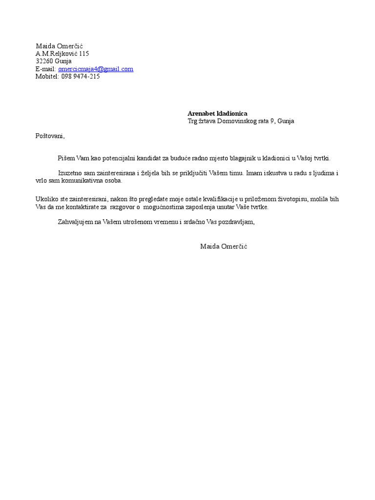 Zaposlise Eu Primjer Molba Zamolba Za Posao Molba Za Posao Primjer Primjer Molbe Za Posao 1 | PDF