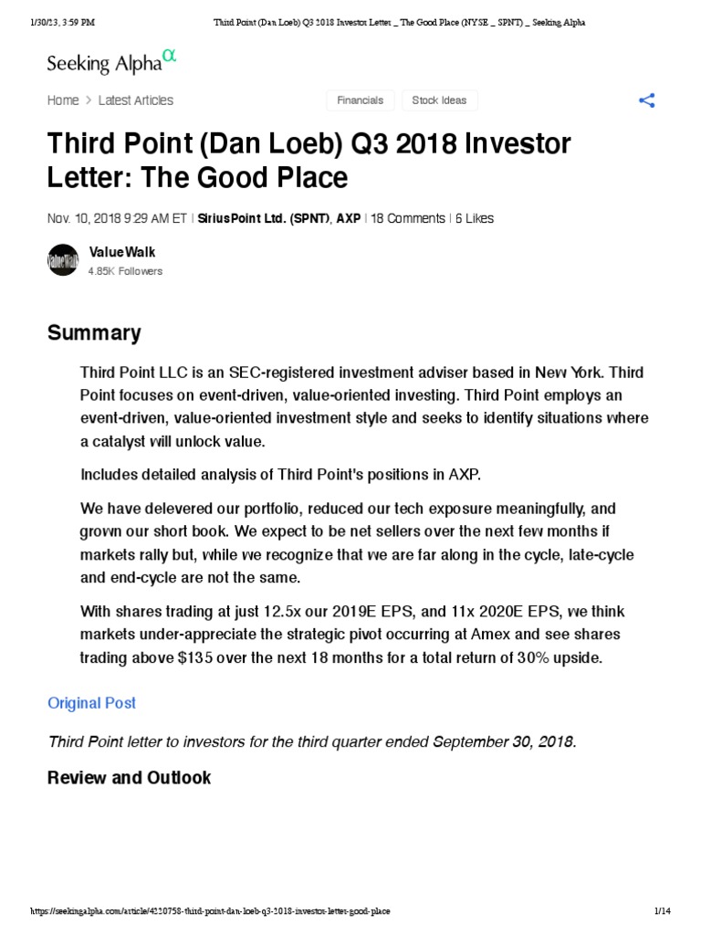Third Point (Dan Loeb) Q3 2018 Investor Letter: The Good Place ...
