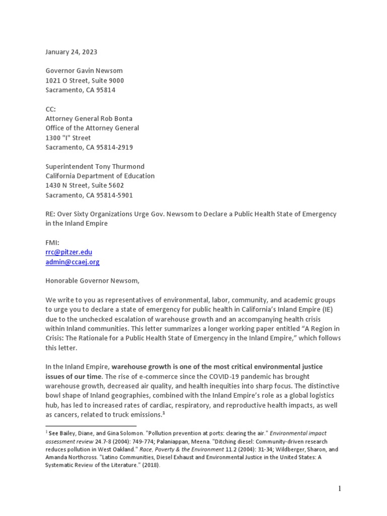 Letter To Gov. Gavin Newsom Asking For An Inland Warehouse Moratorium ...