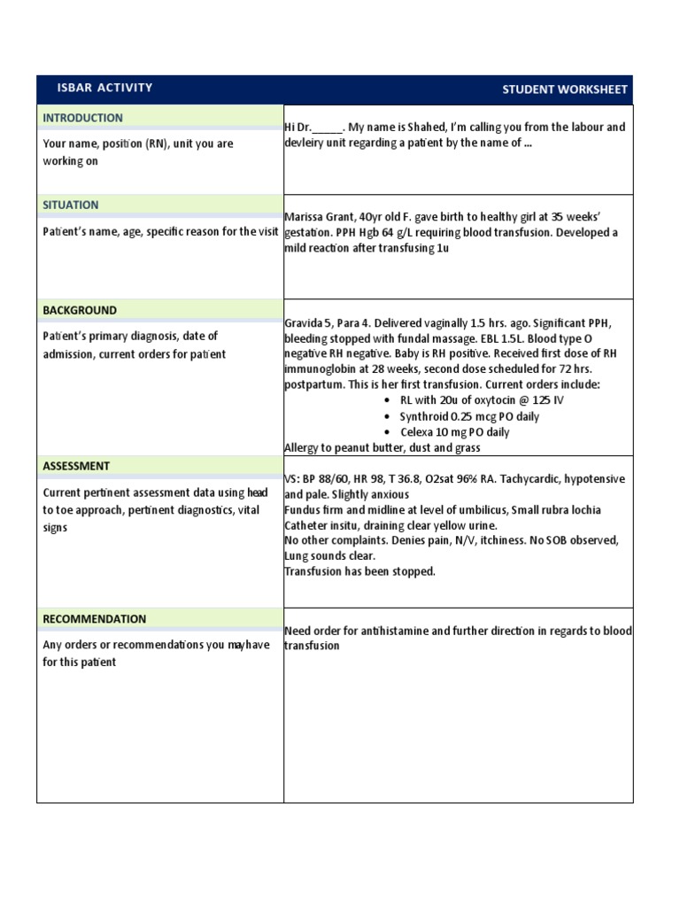 Worksheets - Isbar Blood Transfusion | PDF | Medical Specialties ...