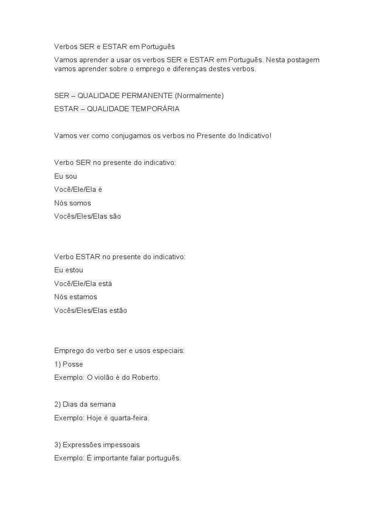 Verbos SER e ESTAR em Português | PDF