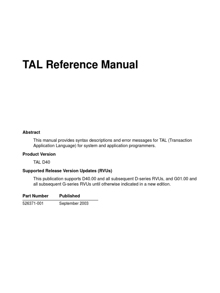 Tal Reference Manual | PDF | Subroutine | Pointer (Computer Programming)