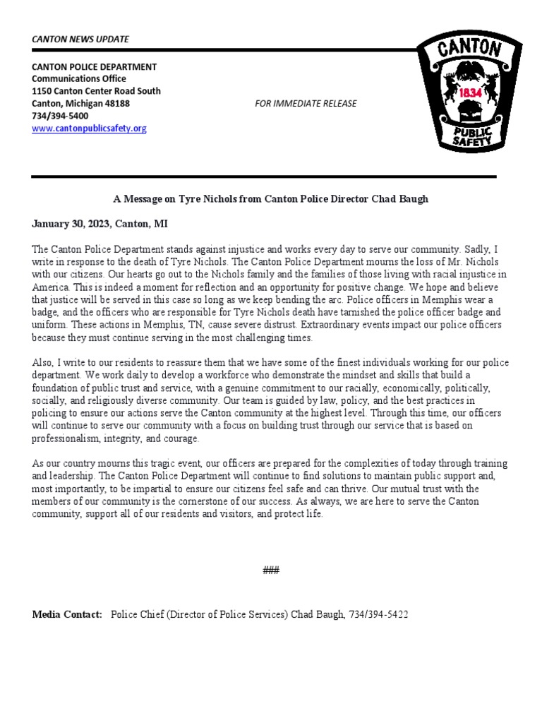 Canton Police Chief Issued Statement On Tyre Nichols | PDF | Police ...
