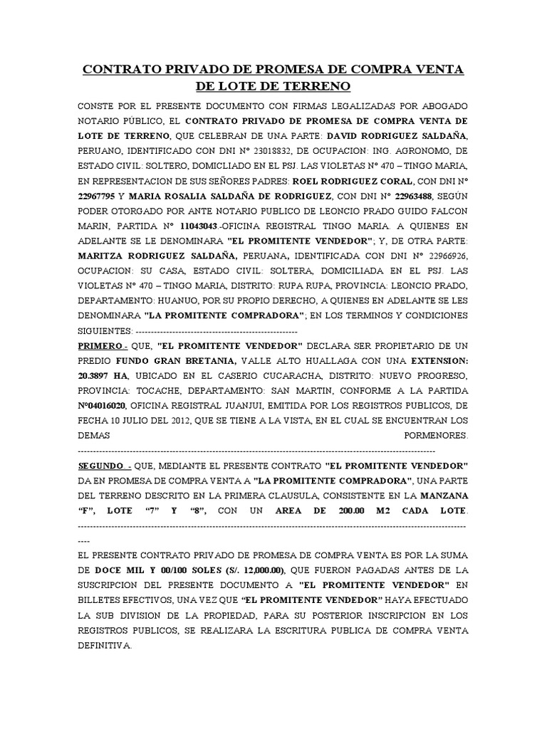 Contrato Privado de Promesa de Compra Venta de Lote de Terreno | PDF | Ley de obligaciones ...