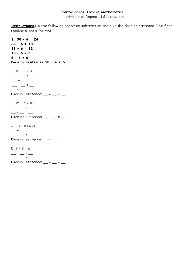 Division as Repeated Subtraction Task | PDF | Teaching Methods & Materials