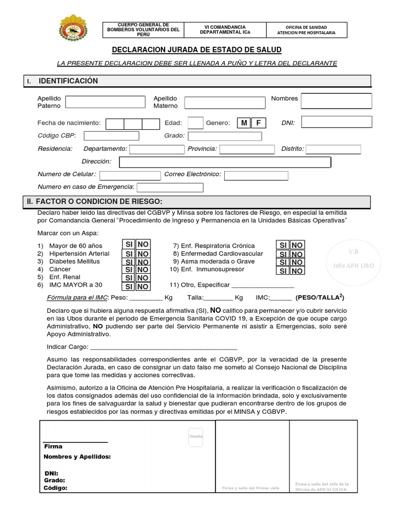 Declaracion Jurada de Estado de Salud CGBVP | PDF | Especialidades Medicas | Medicina CLINICA