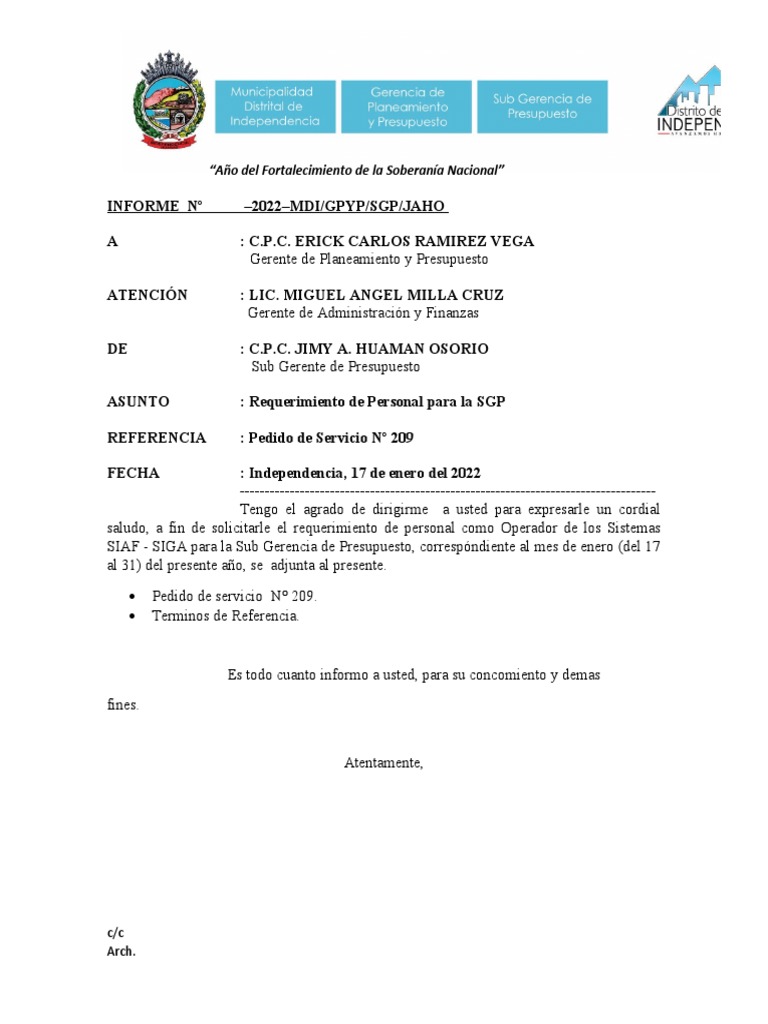 Informe de Requerimiento de Personal 2022 SGP | PDF