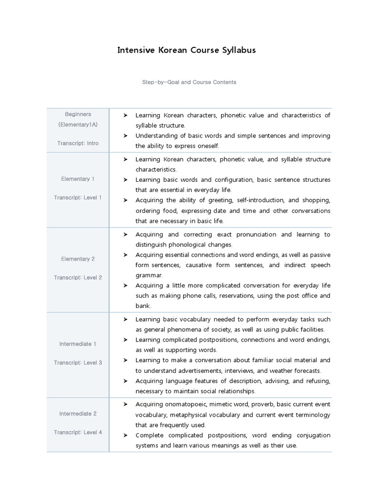 Intensive Korean Course Syllabus | PDF | Vocabulary | Korean Language