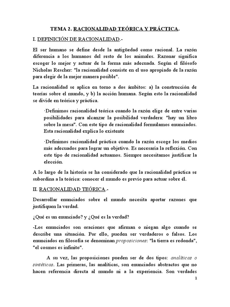 TEMA 2. FILOSOFÍA. Racionalidad Teórica y Práctica | PDF | Verdad ...