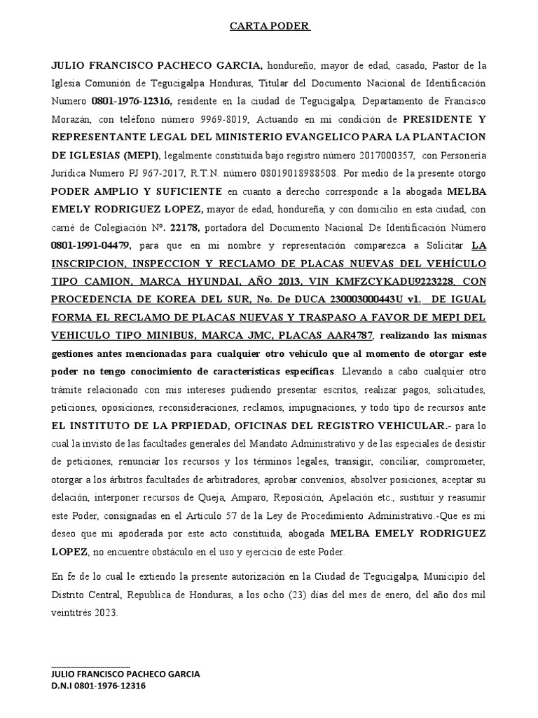 Carta Poder Pacheco | PDF | Honduras | Justicia