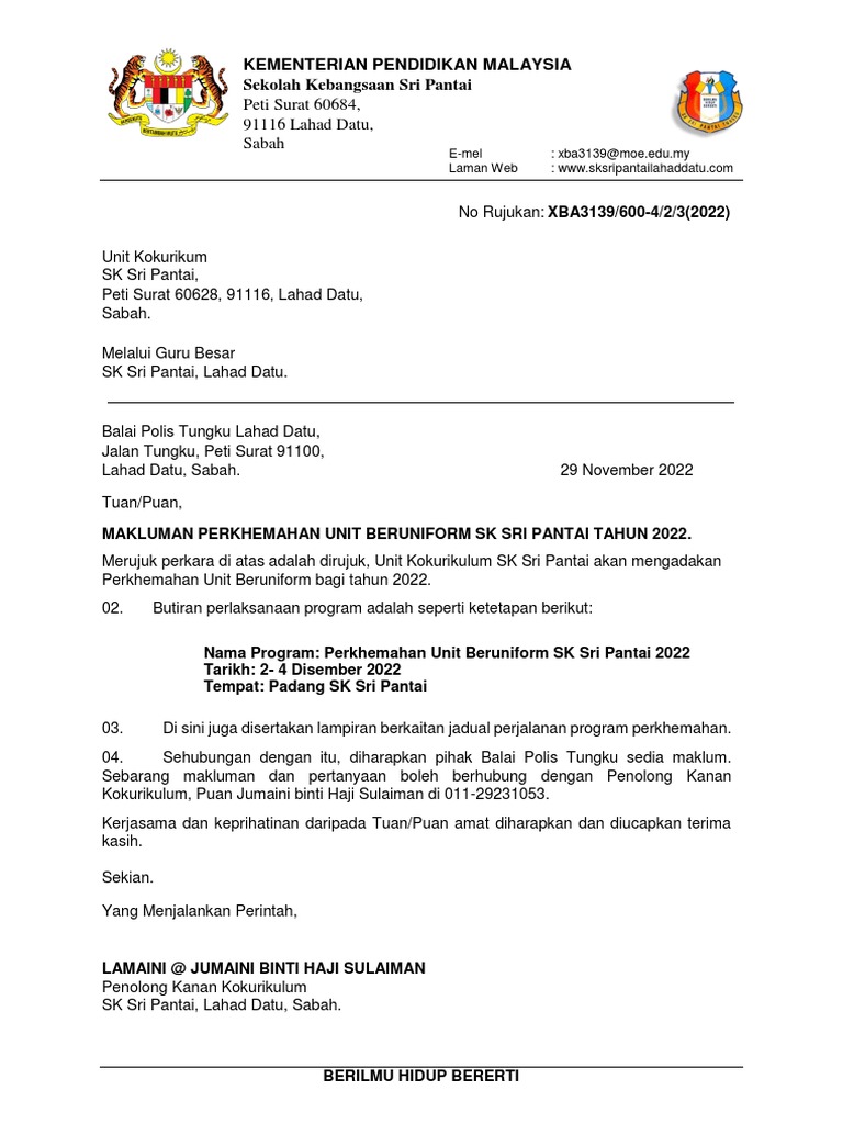 Surat Makluman PDRM - Balai Polis Tungku - Perkhemahan Unit Beruniform SK Sri Pantai 2022 | PDF
