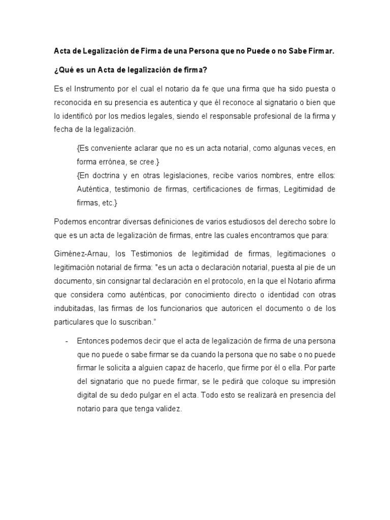 Acta de Legalización de Firma A Ruego de Alguien Que No Puede Firmar ...