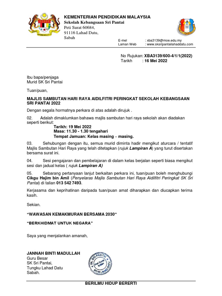 Surat Makluman Majlis Sambutan Hari Raya Adilfitri SK Sri Pantai 2022 | PDF