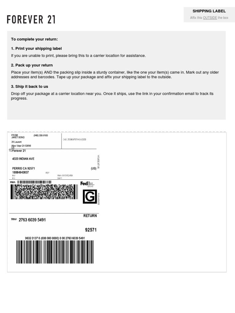Forever 21 Return Instructions and Label | PDF | Receipt | Clothing