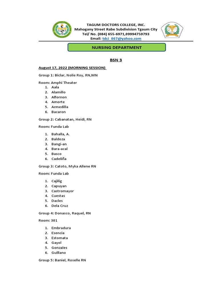 BSN 3 Class Schedule - Aug 17, 2022 | PDF | Wellness | Cooking, Food & Wine