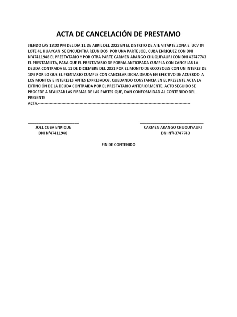 Acta de Cancelación de Prestamo | PDF