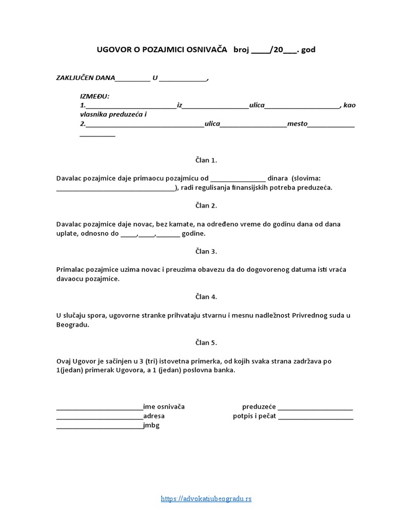 Ugovor o Pozajmici Osnivaca | PDF