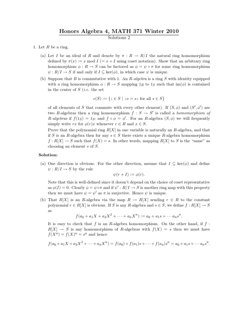 Honors Algebra 4, MATH 371 Winter 2010: Solutions 2 | PDF | Ring (Mathematics) | Field (Mathematics)