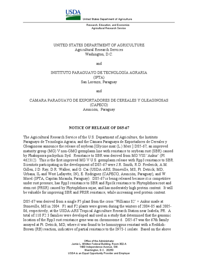 Notice of Release DS5-67 (Soybean) | PDF | Seed | Soybean