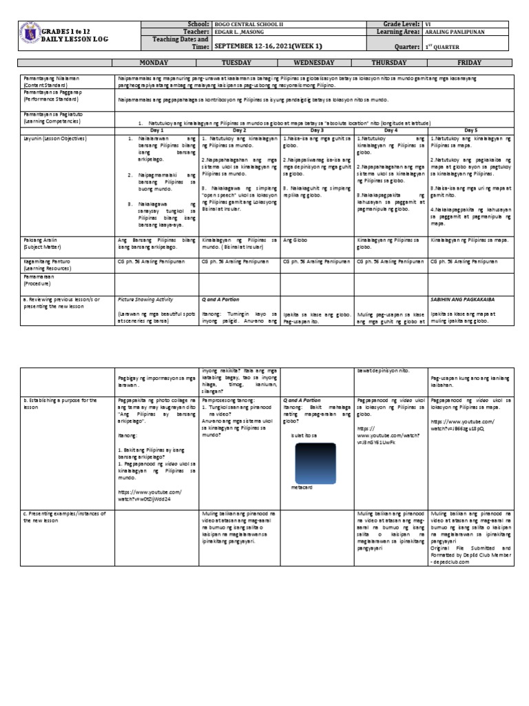 Grade 6 DLL Araling Panlipunan 6 Q1 Week 1 | PDF