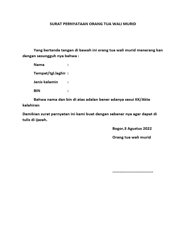 Surat Pernyataan Orang Tua Wali Murid | PDF