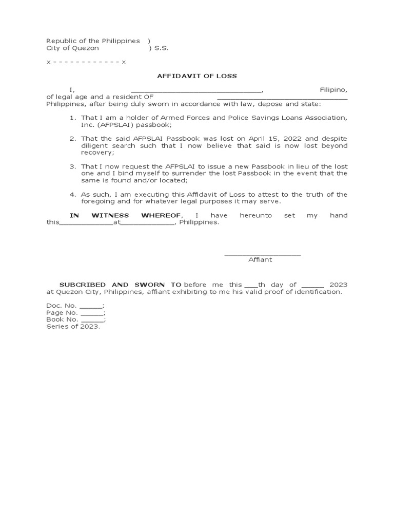 Aff of Loss Passbook | PDF