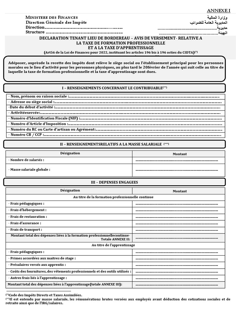 Formulaire de La Déclaration Taxe de Formation | PDF | Impôts | Salaires