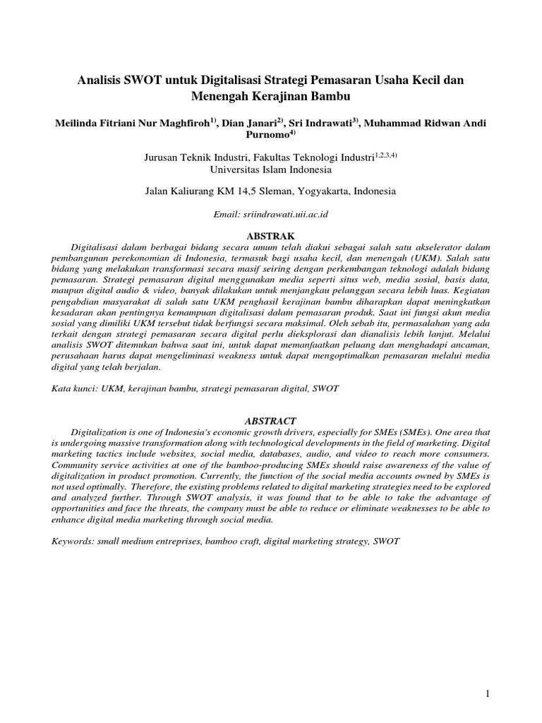 Analisis SWOT Untuk Digitalisasi Strategi Pemasaran Usaha Kecil Dan Menengah Kerajinan Bambu | PDF