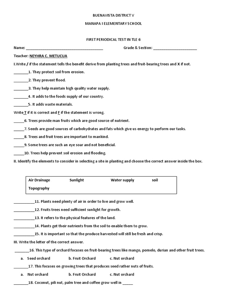 1st Periodical Test Tle 6 Pdf Trees Nut Fruit