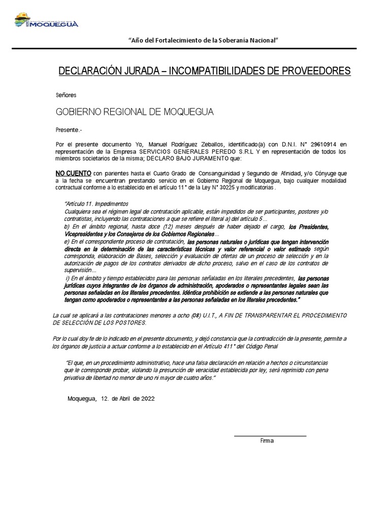 Declaracion Jurada de Proveedores | PDF | Ley Pública | Gobierno