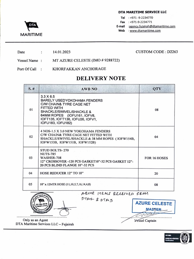 Delivery Note for Fender and Hose Equipment Provided to MT Azure ...