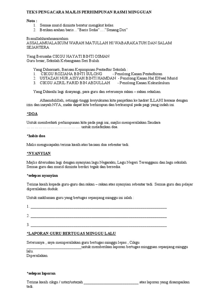 Teks Pengacara Majlis Perhimpunan Rasmi Mingguan | PDF