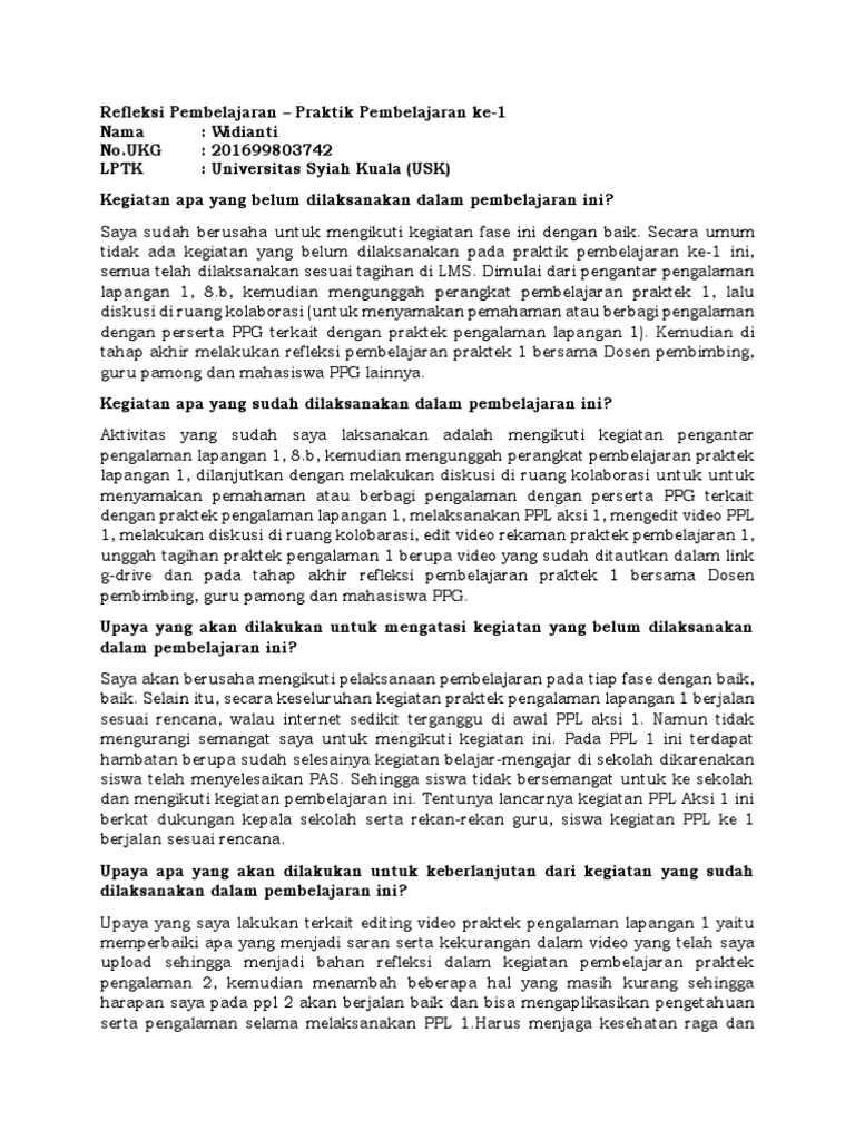 Refleksi Pembelajaran - RPP Aksi 1 | PDF