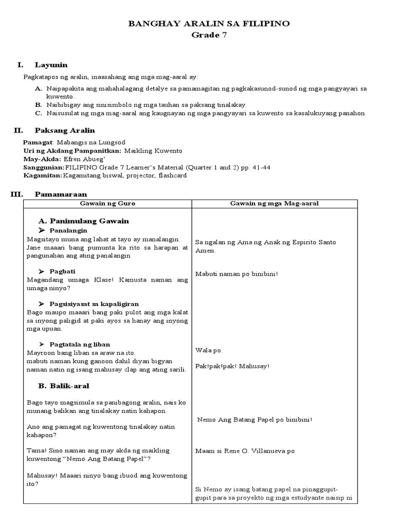 Banghay Aralin Sa Filipino Final | PDF