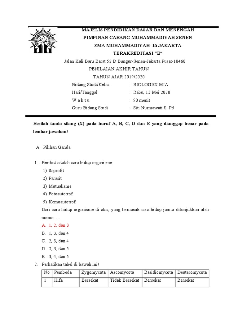 Soal Pat Biologi Kelas X Mia 2019-2020 | PDF | Sains & Matematika