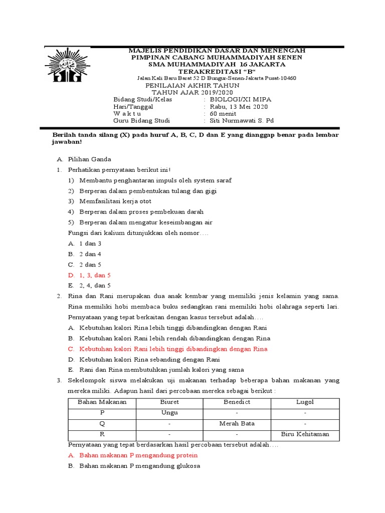 Soal Pat Biologi Kelas Xi Mia 2019-2020 | PDF