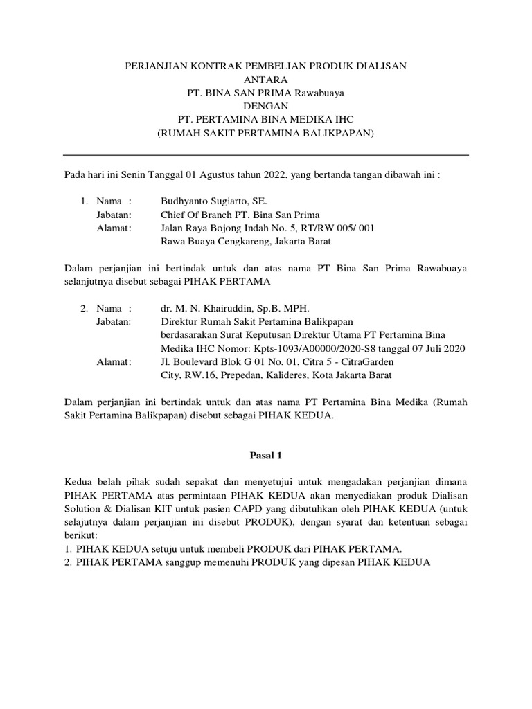 Kontrak Pembelian Produk Dialisis | PDF
