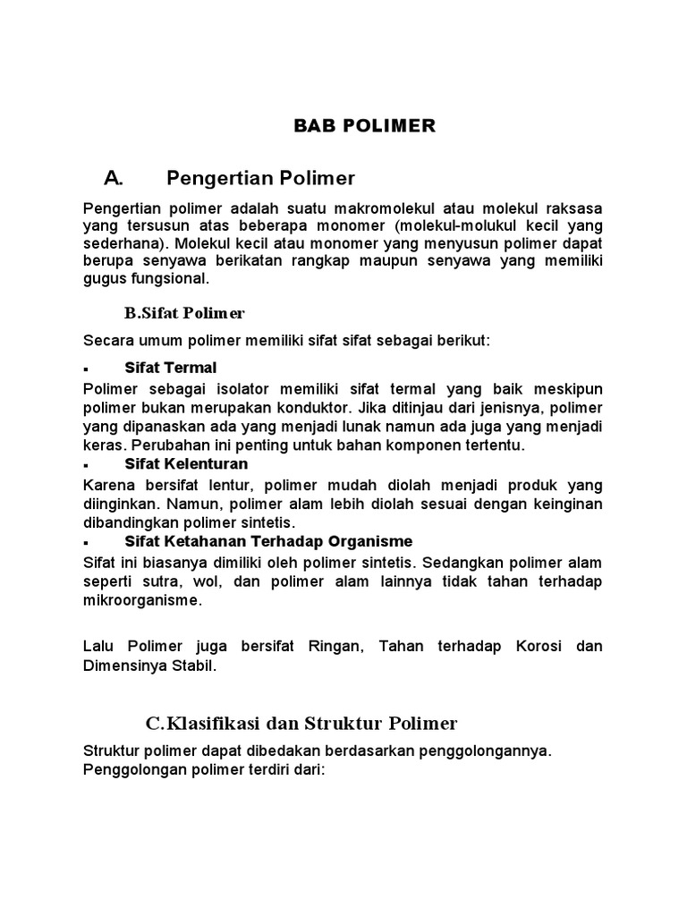 Pengertian, Sifat Dan Klasifikasi Polimer | PDF